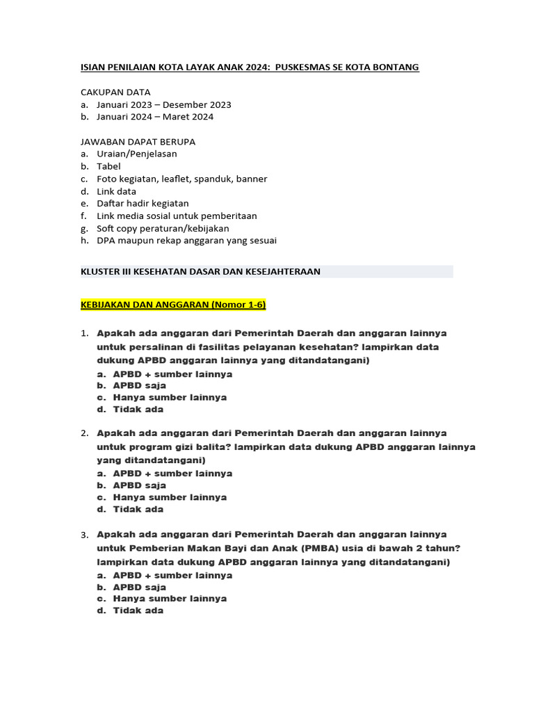 Pertanyaan Kelembagaan Terkait Puskesmas KLA 2024 | PDF