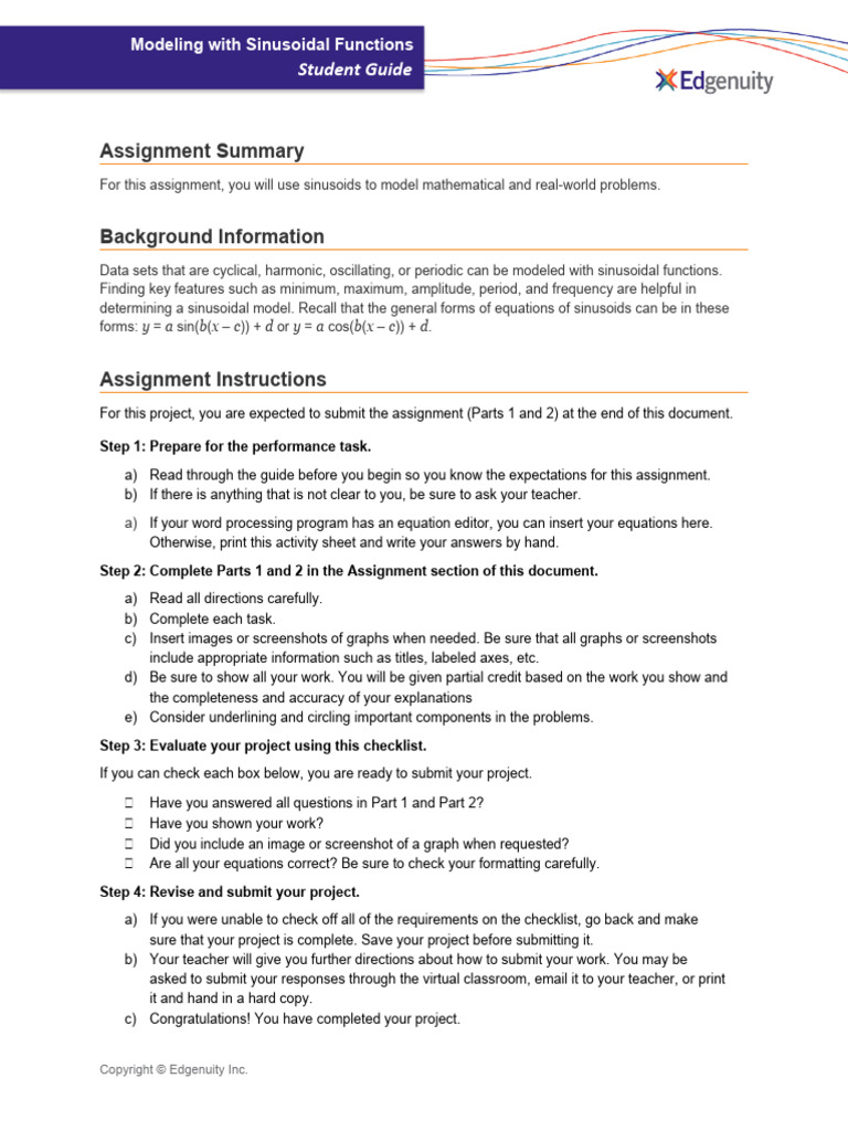 Performance Task - Modeling With Sinusoidal Functions - Student Guide | PDF | Sampling (Signal ...