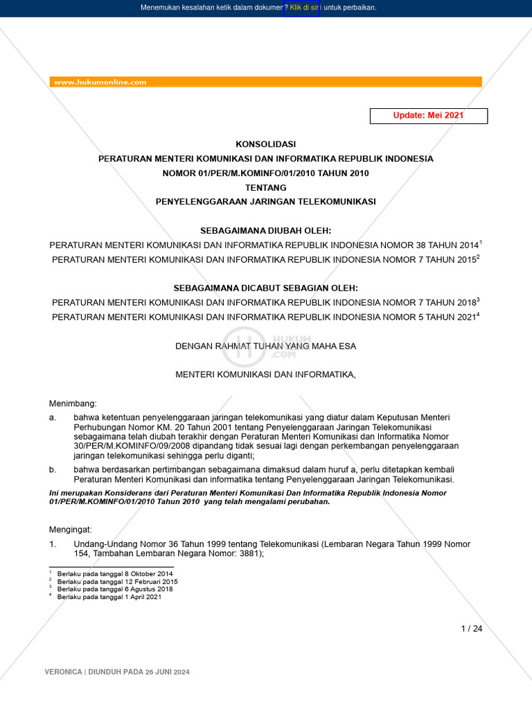 Permen Kominfo 01permkominfo012010 2010 Kns | PDF