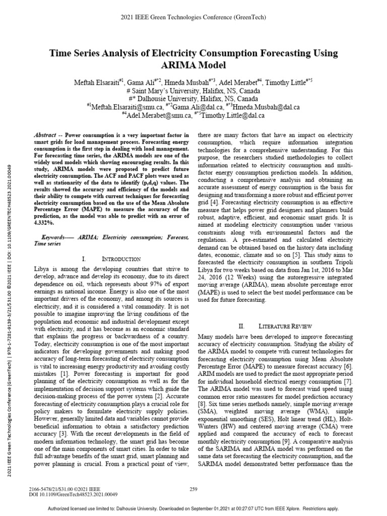 Time Series Analysis Of Electricity Consumption Forecasting Using Arima Model Pdf