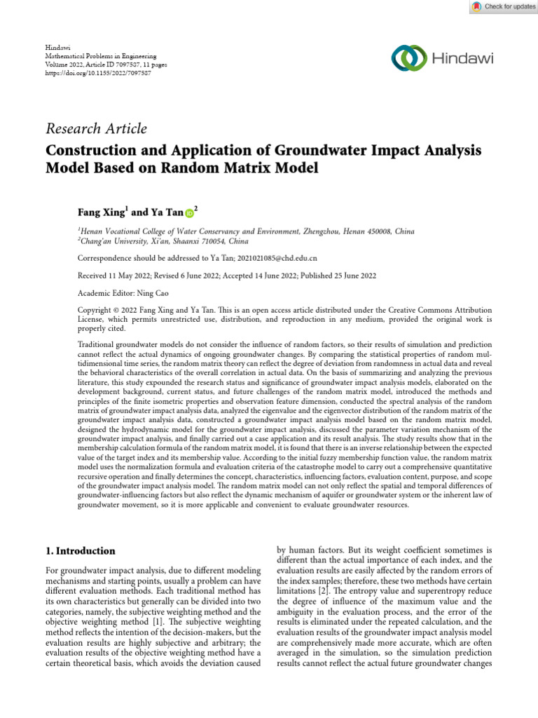 Mathematical Problems in Engineering - 2022 - Xing - Construction and Application of Groundwater ...