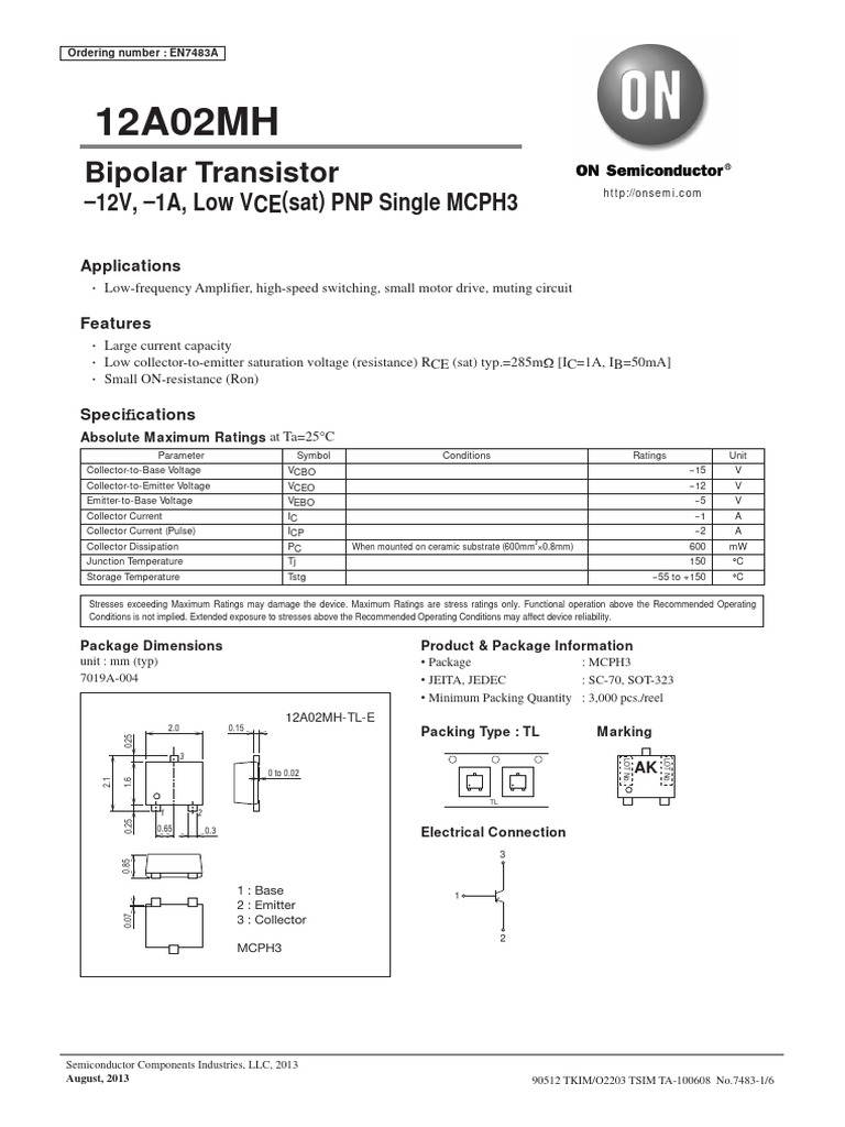 Bipolar Transistor: - 12V, - 1A, Low VCE (Sat) PNP Single MCPH3 | PDF ...