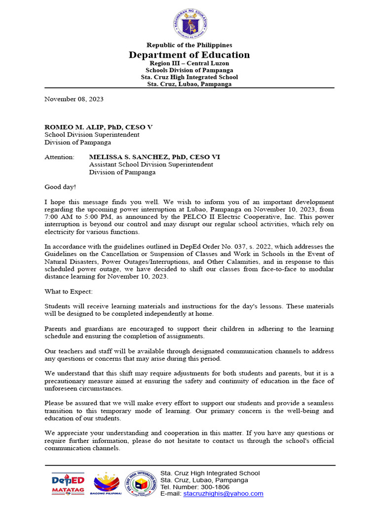 Letter Power Interuption | PDF