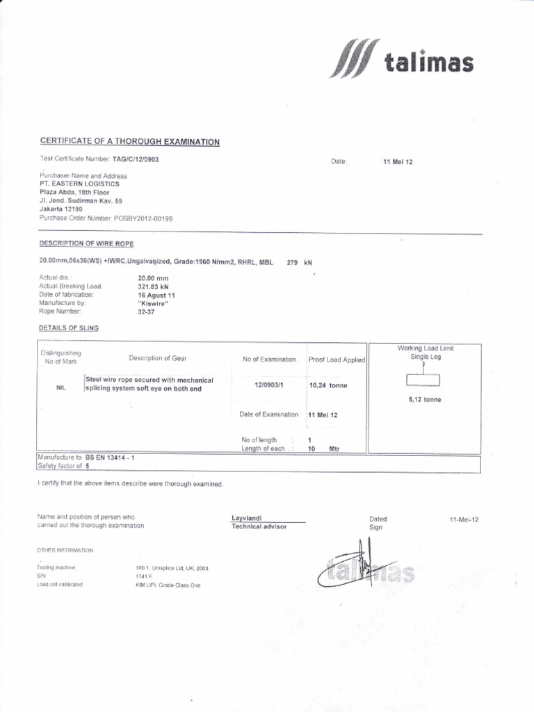 Wire Rope Certificate | PDF | Rope | Manufactured Goods