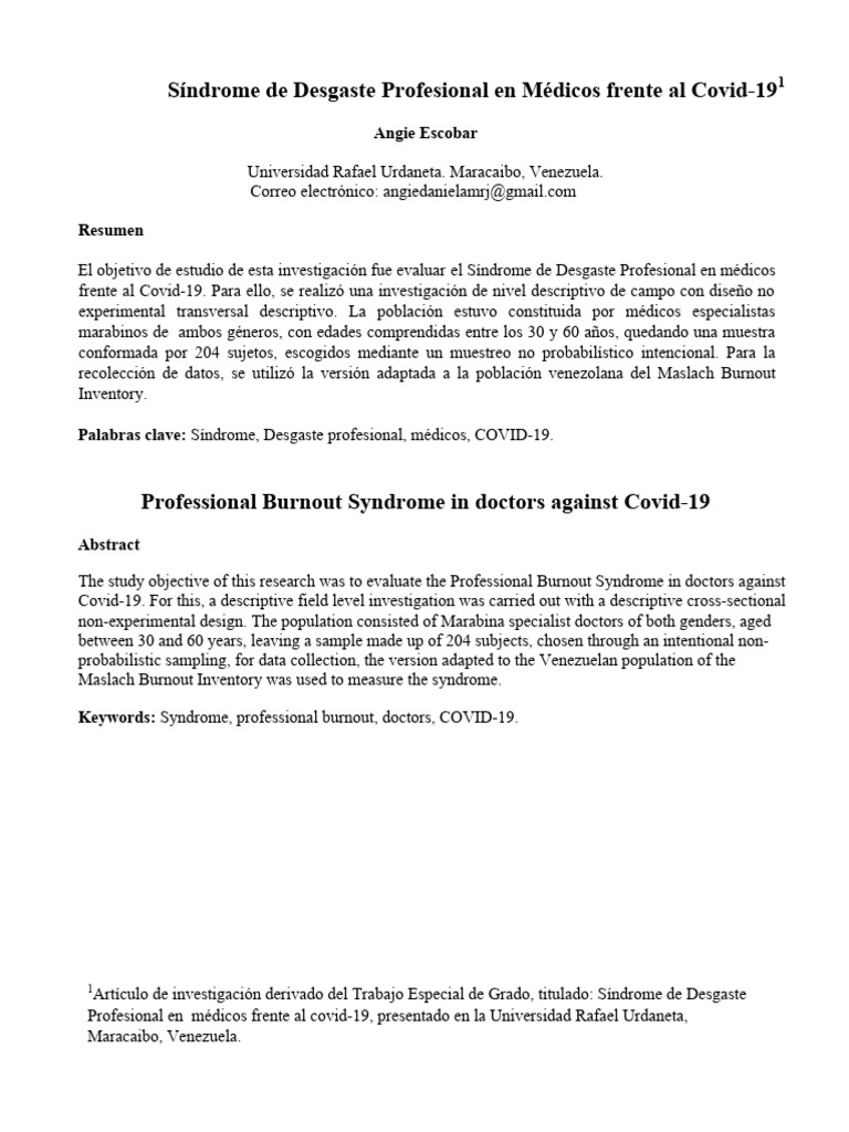 ANGIE ESCOBAR. Síndrome de Desgaste Profesional en Médicos Frente Al ...