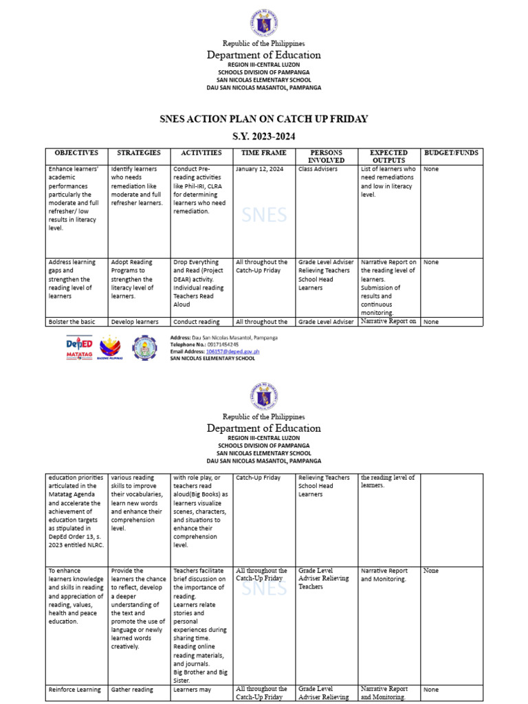 Snes Action Plan On Catch Up Friday | PDF | Learning | Reading ...