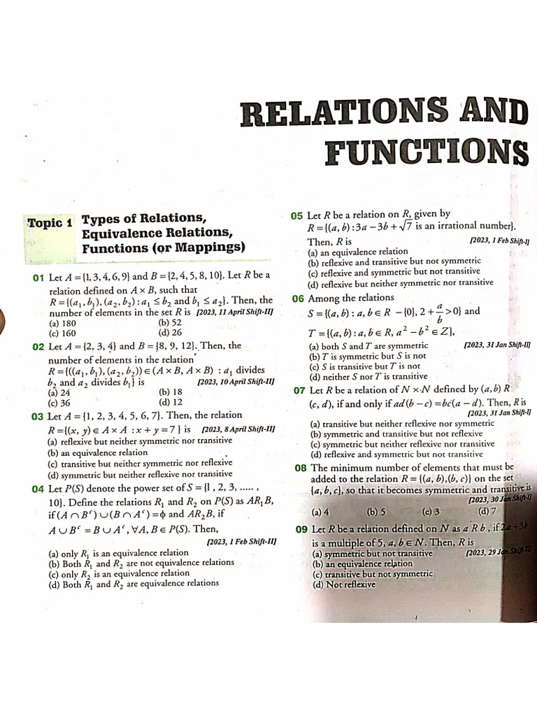 Relation and Functions Pyq | PDF