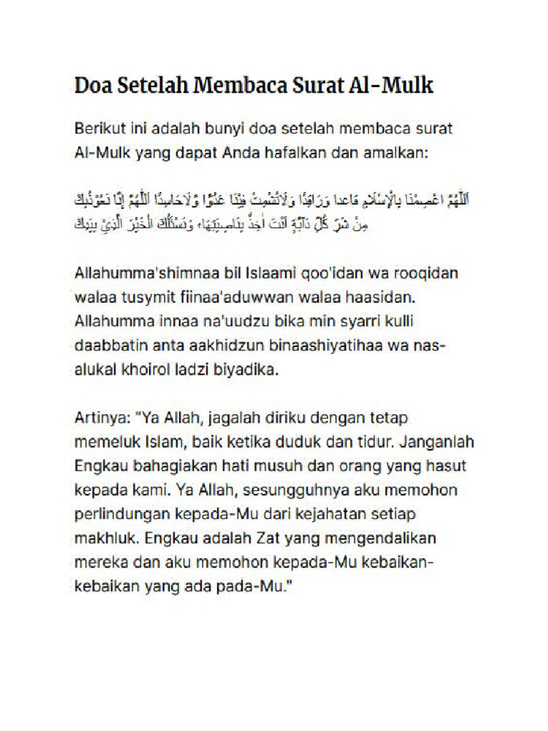 DOA SETELAH MEMBACA SURAT AL MULK | PDF