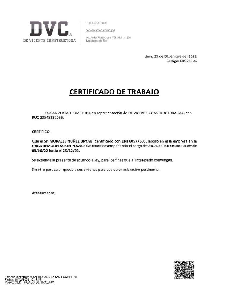 Certificado de Trabajo Constructora de Vicente | PDF