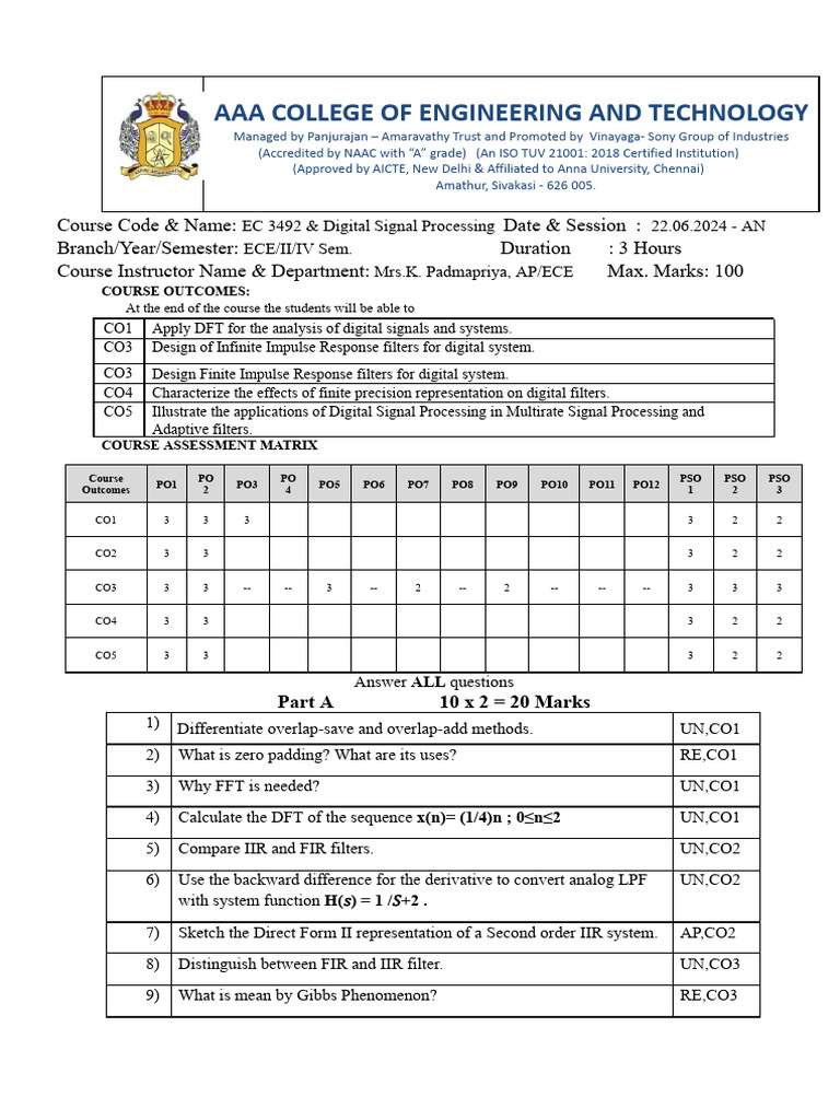 II ECE EC3492 QP Model | PDF | Control Theory | Signal Processing