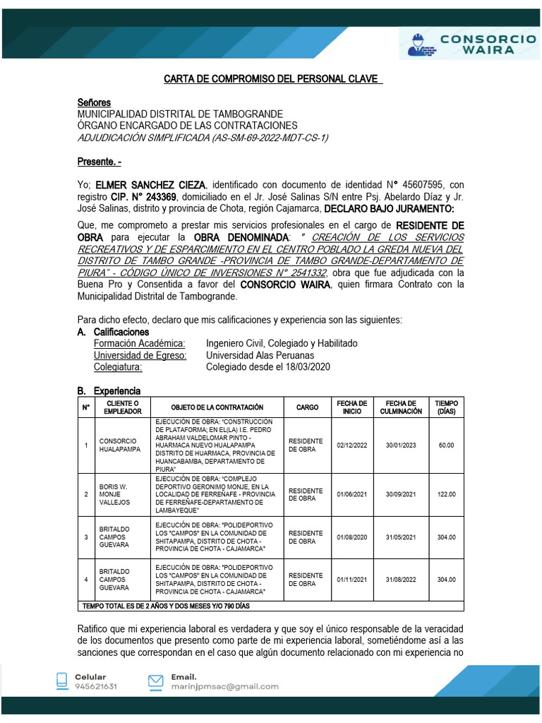 CARTA DE COMPROMISO DEL PERSONAL CLAVE | PDF