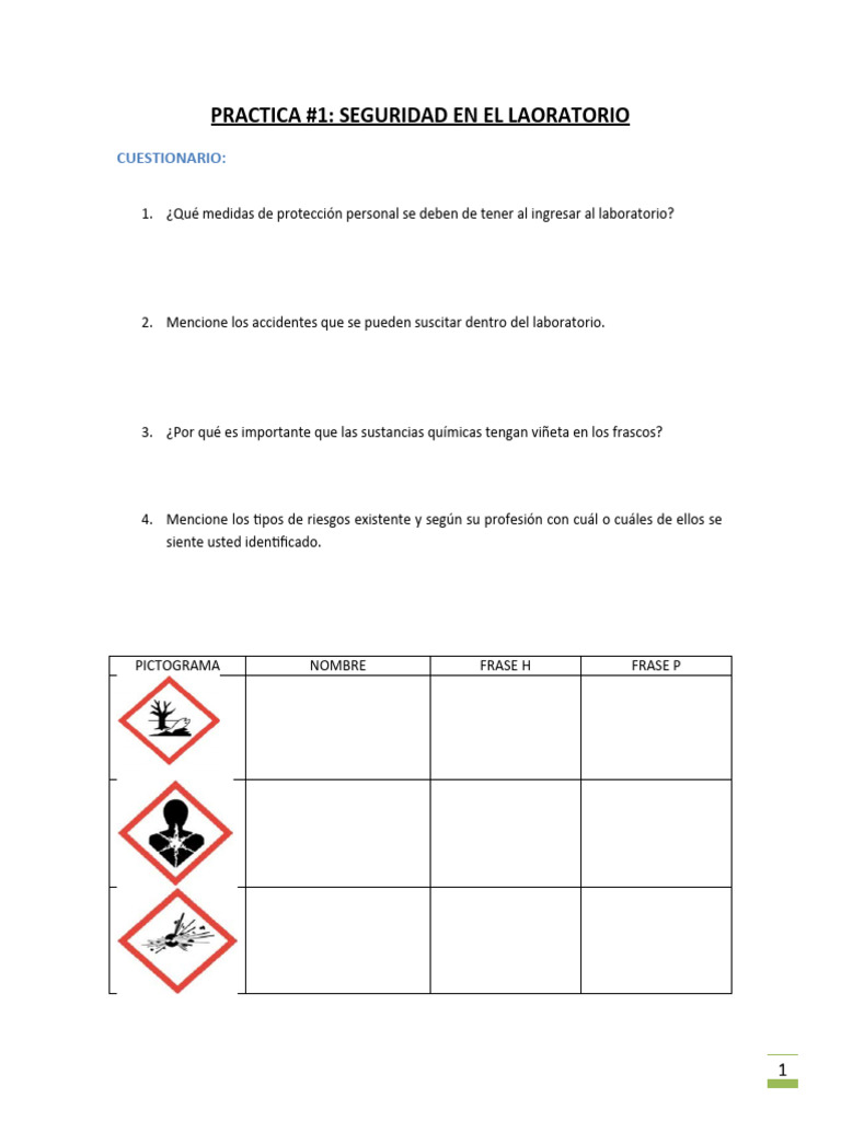 Práctica No - 1 - Cuestionario de Bioseguridad | PDF | Ácido clorhídrico | Química