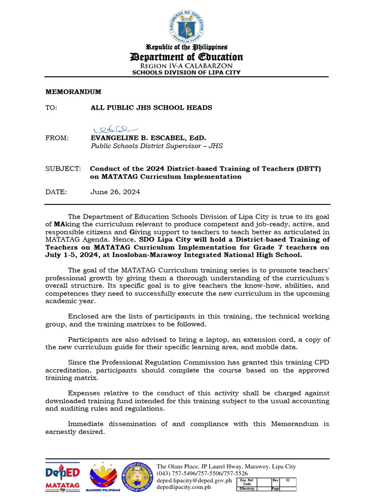 District Memo Re MATATAG 7 Training | PDF | Curriculum | Cognition