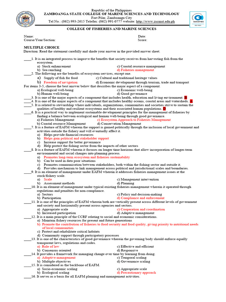 Post Test Answer Key | PDF | Fisheries Management | Overfishing