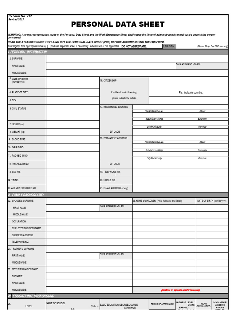 CS Form No. 212 Revised Personal Data Sheet(PDS) | PDF | Passport ...