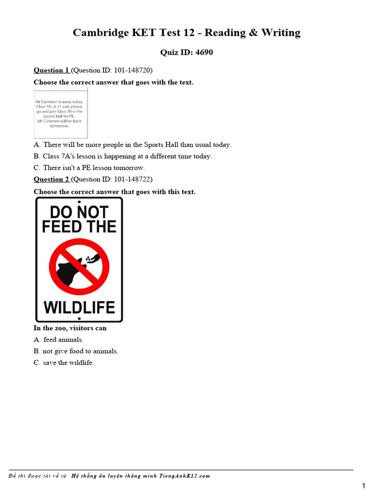 Cambridge KET Reading & Writing Practice | PDF