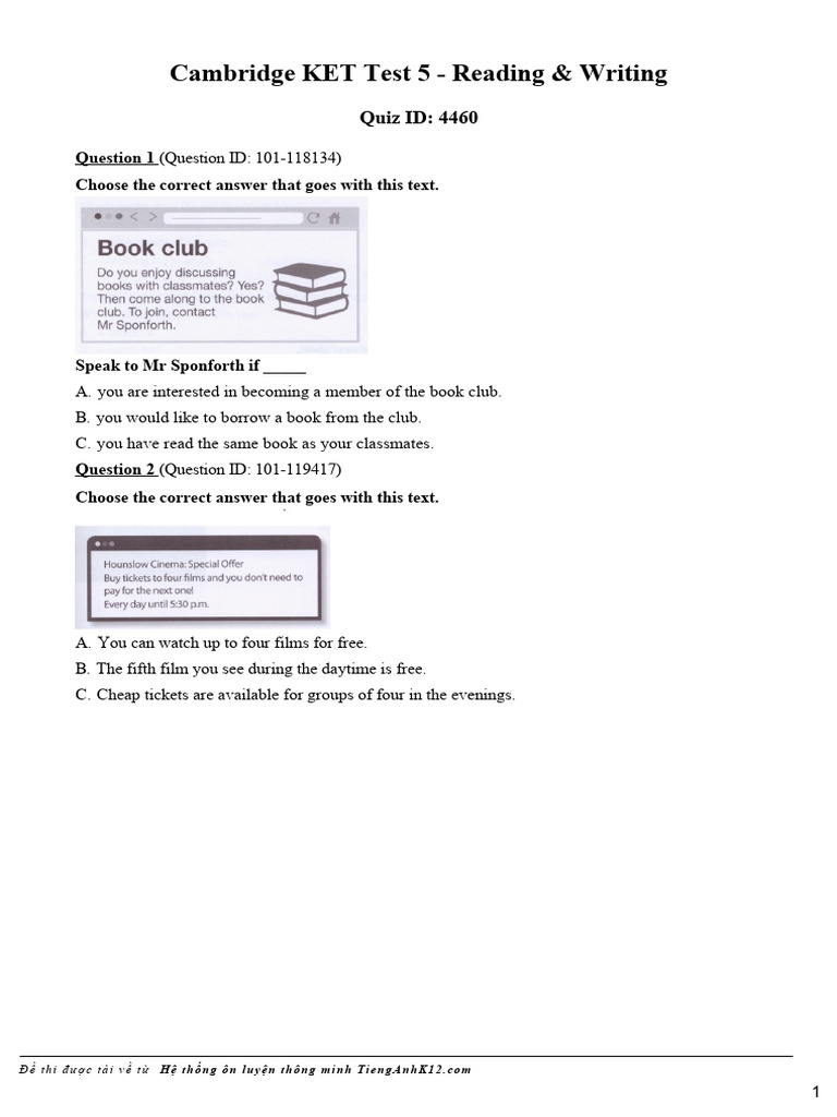 Quiz - 4460 - Cambridge Ket Test 5 - Reading Writing | PDF | Astronauts
