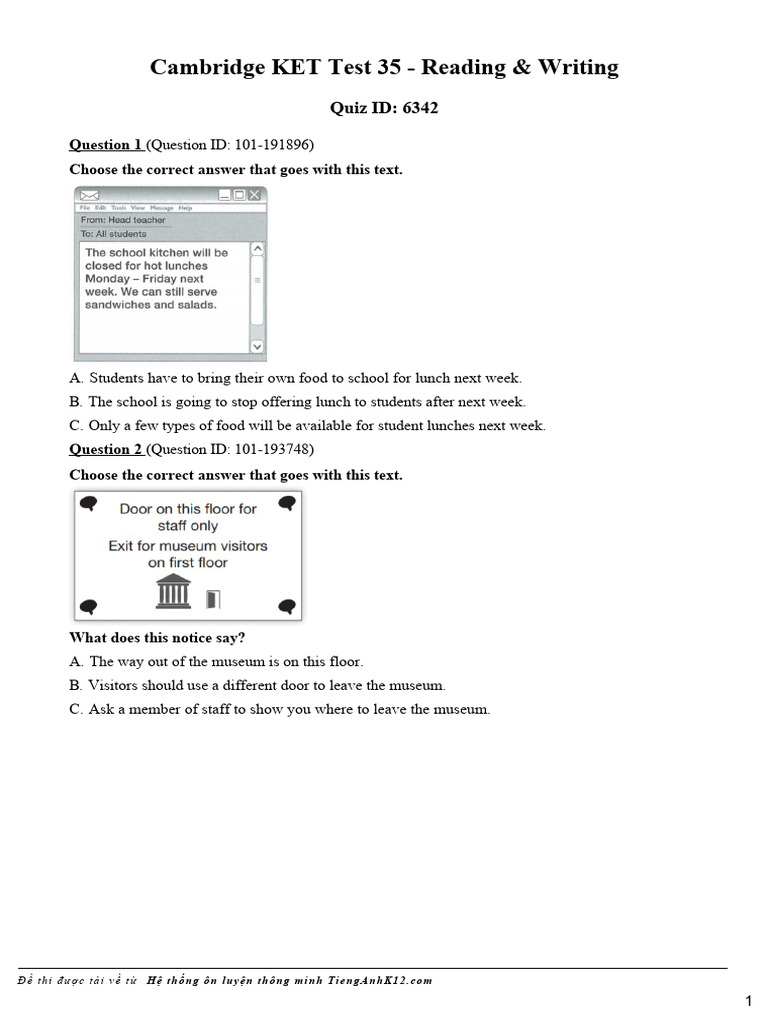 Quiz - 6342 - Cambridge Ket Test 35 - Reading Writing | PDF
