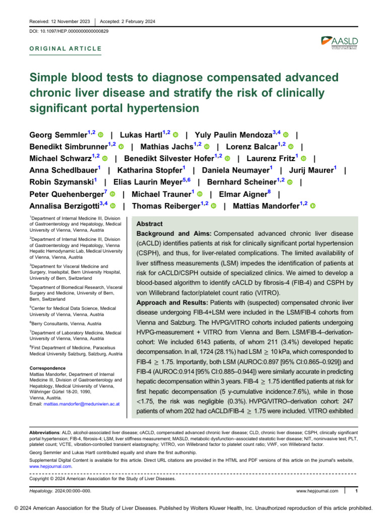 Simple Blood Tests To Diagnose Compensated Advanced Chronic Liver ...