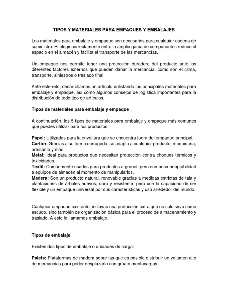 Tipos y Materiales para Empaques y Embalajes | PDF | Logística | Almacén