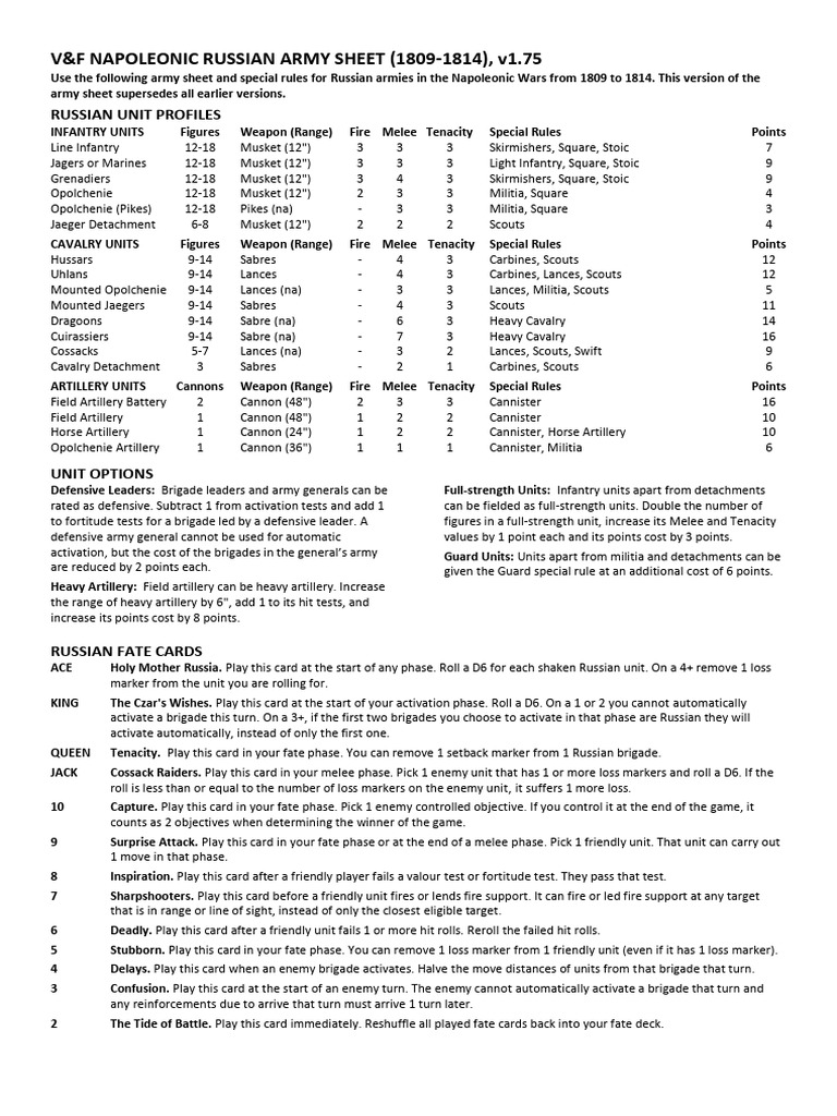 Valour and Fortitude Napoleonic Russian Army Sheet v1.75 | PDF ...