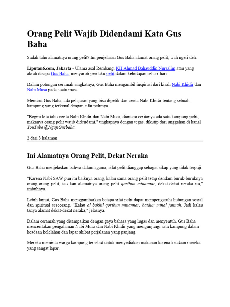 Orang Pelit Wajib Didendami Kata Gus Baha | PDF