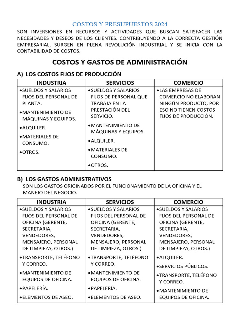Costos y Presupuestos 2024 | PDF | Presupuesto | Economias