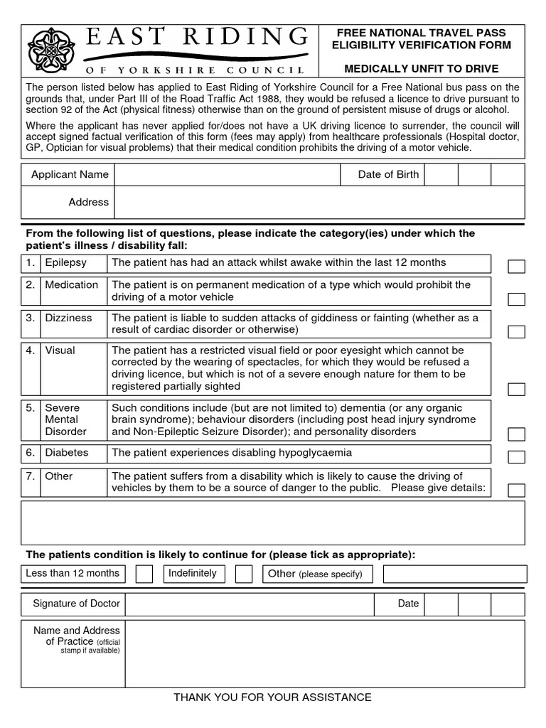 Medically Unfit To Drive Doctors Form | PDF | Mental Disorder | Epilepsy