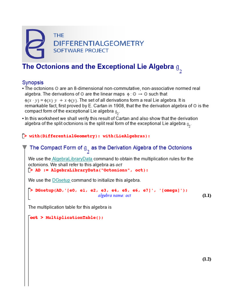 The Octonions and The Exectional Lie Algebra G2 | PDF