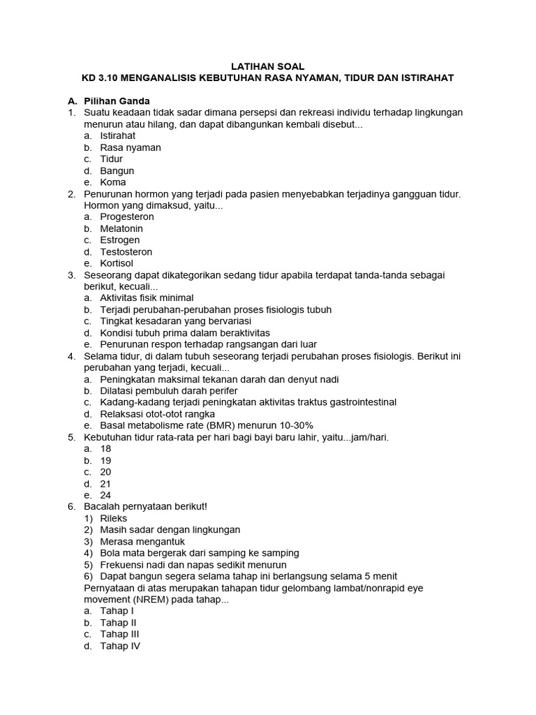 Latihan Soal KD 3.10 Menganalisis Kebutuhan Rasa Nyaman, Tidur Dan ...