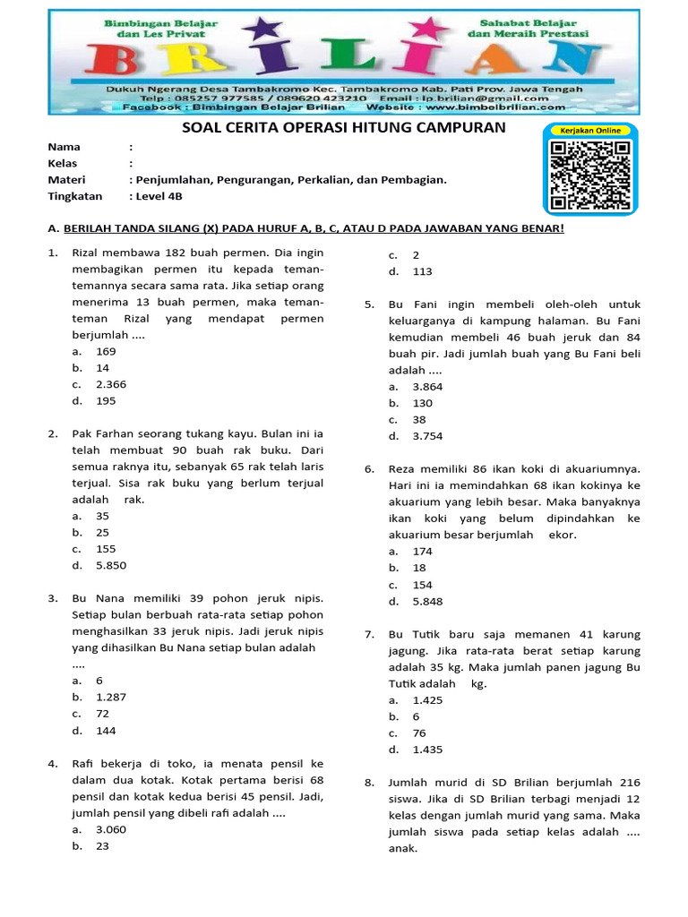 Soal Cerita Operasi Hitung Acak P4 - Level 4B | PDF