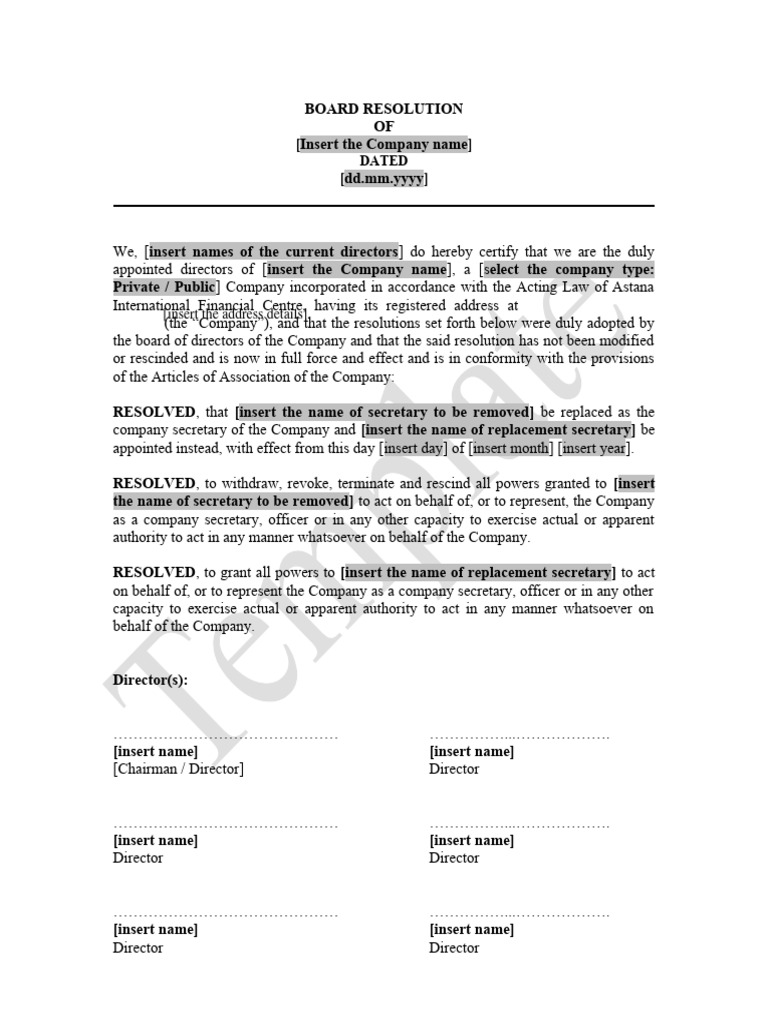 Board Resolution For Appointment or Removal of Secretary | PDF