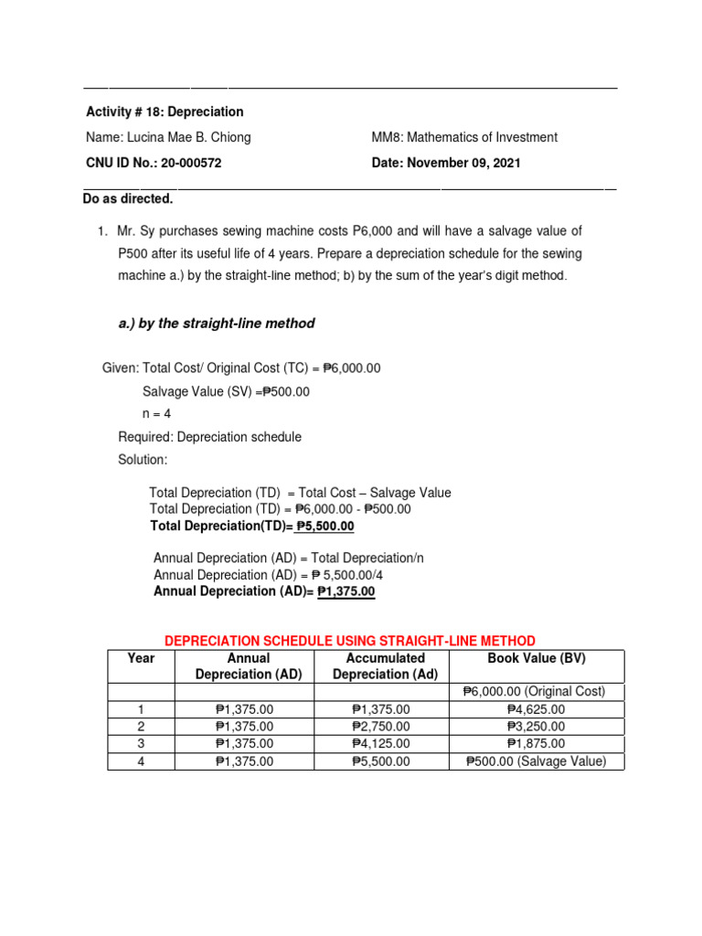 Activity 18 Depreciation | PDF | Depreciation | Capital Budgeting