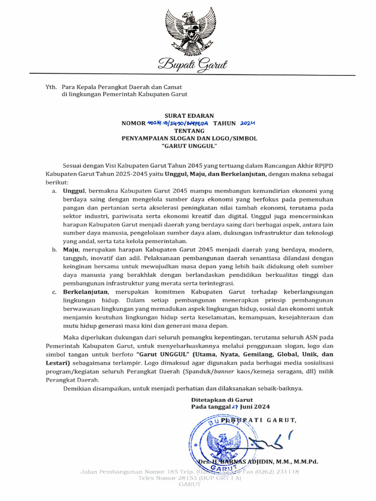 Surat Edaran Bupati Garut Tentang Penyampaian Slogan Dan Logo Simbol ...