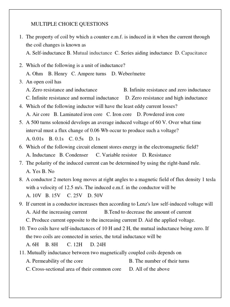 CLASS XII PHYSICS MCQ PART 1 CH-6 Electromagnetic Induction | PDF | Inductance | Inductor