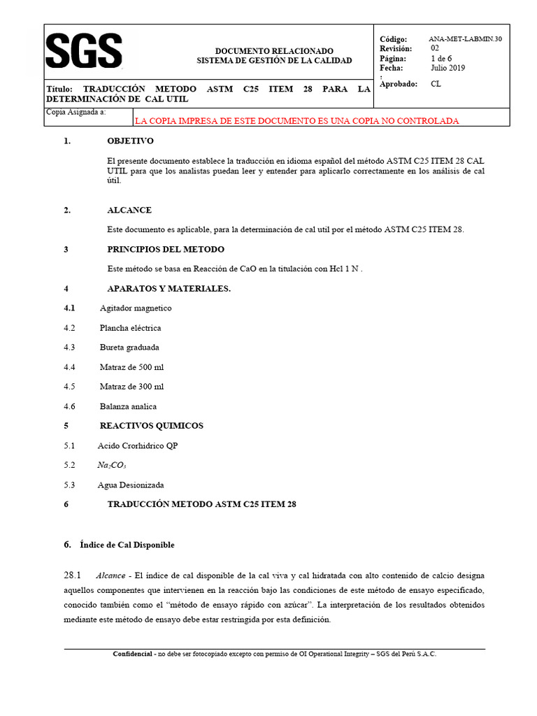 Ana-Met-Labmin.30 Puc-Traduccion Metodo Astm c25 Item 28 para La Determinacion de Cal Util | PDF ...