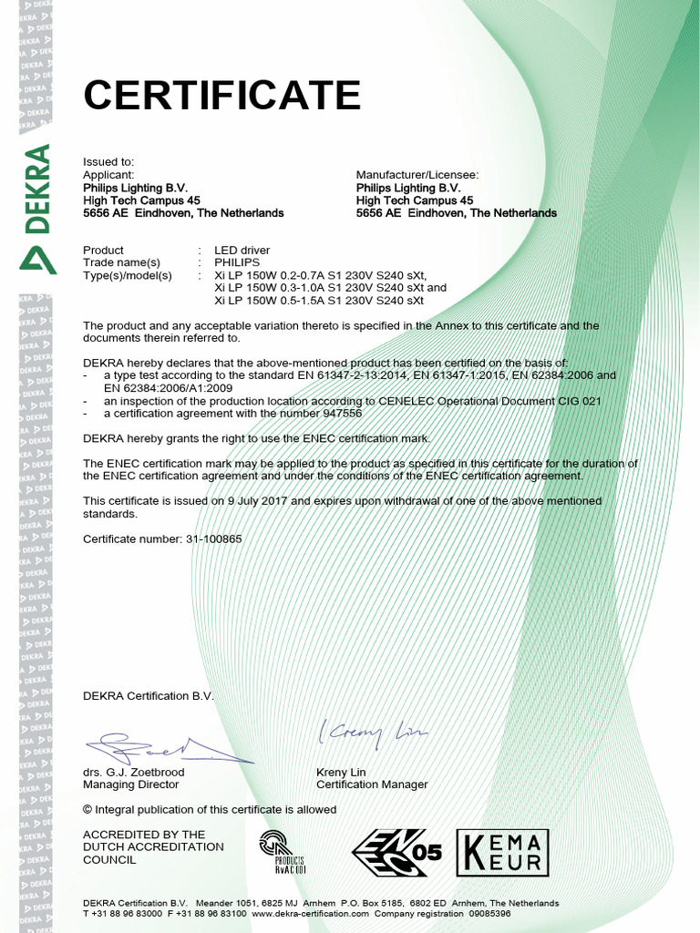 DEKRA Certification for Philips LED Driver | PDF | Electric Power ...