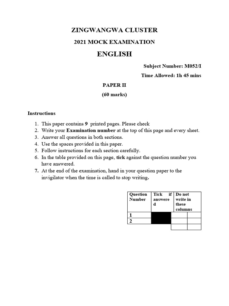 English Paper 2 Mock ZGSS | PDF
