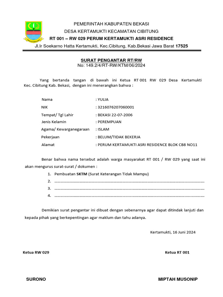 Surat Pengantar RT SKTM YULIA | PDF