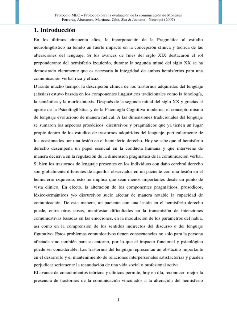Protocolo MEC para evaluar comunicación | PDF | Hemisferio cerebral | Afasia
