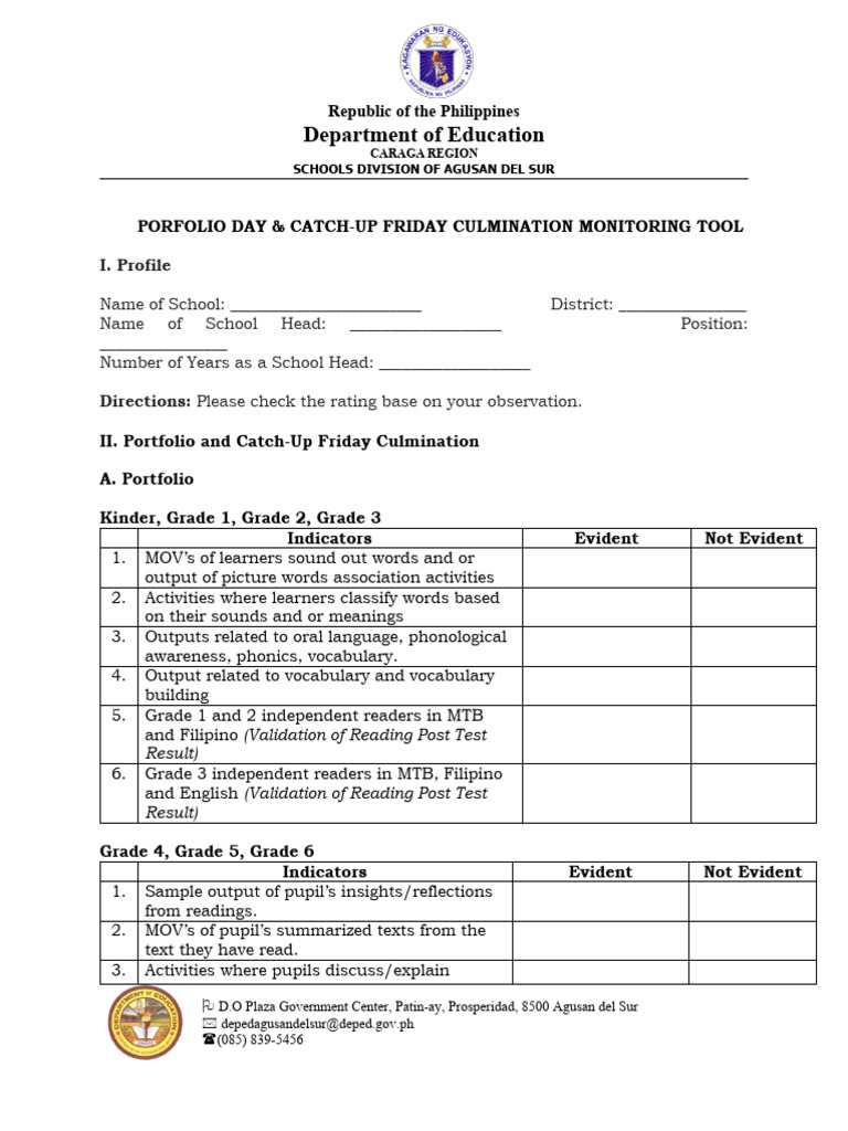 Porfolio Day Catch Up Culmination Monitoring Tool | PDF | Critical Thinking | Reading Comprehension