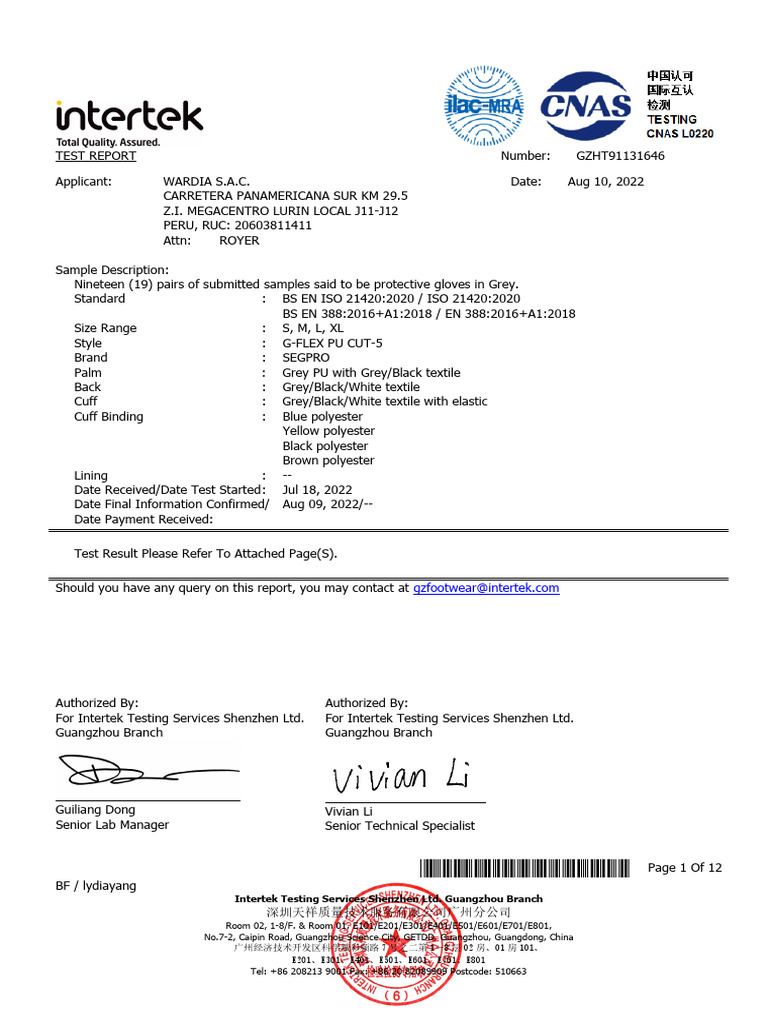 CERTIFICADO GUANTE CUT5 | PDF | Physical Sciences | Materials