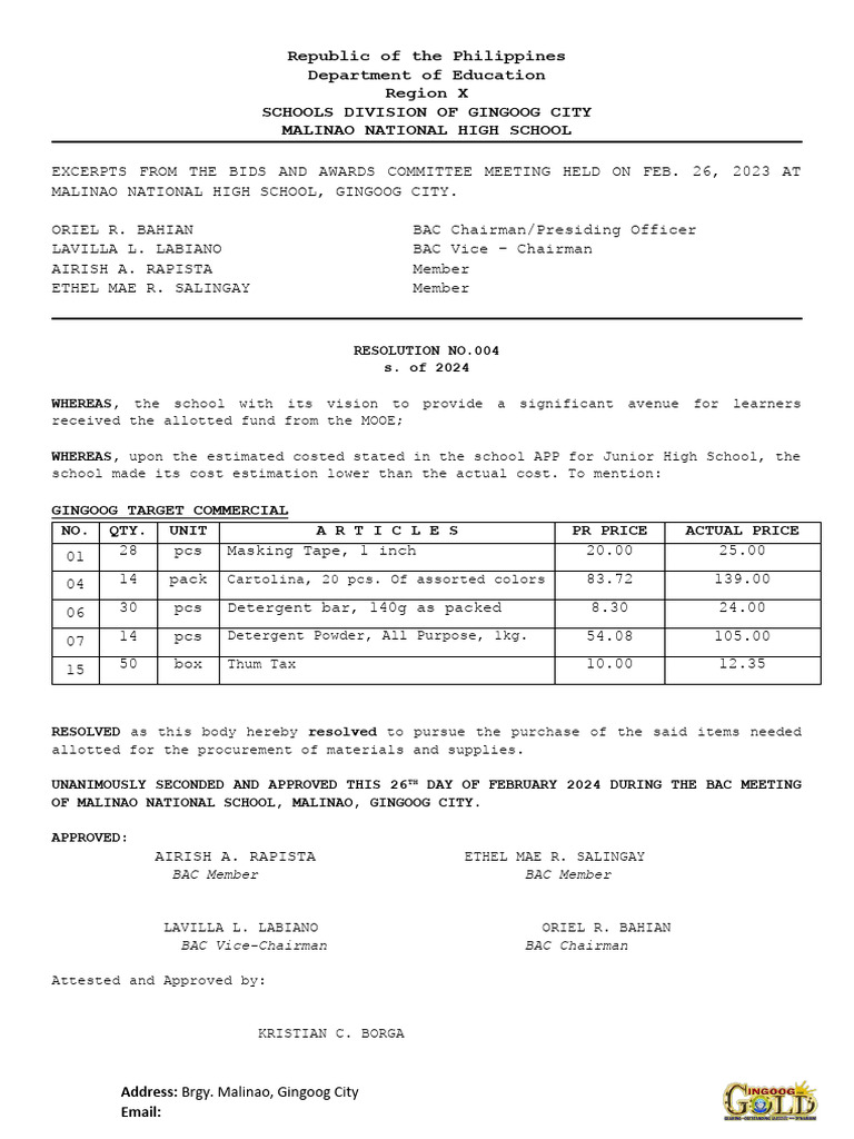 MALINAO SHS-BAC Reso s2024-005 | PDF