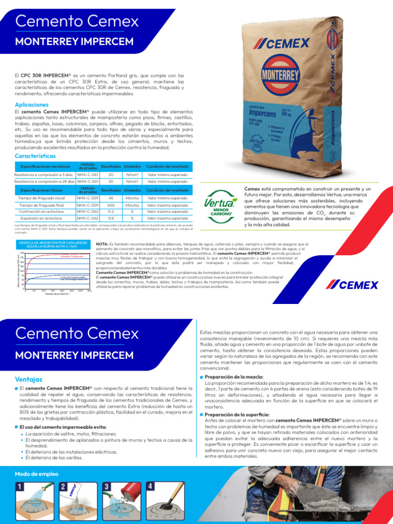 Cemento Cemex IMPERCEM®: Solución Impermeable | PDF | Hormigón | Cemento