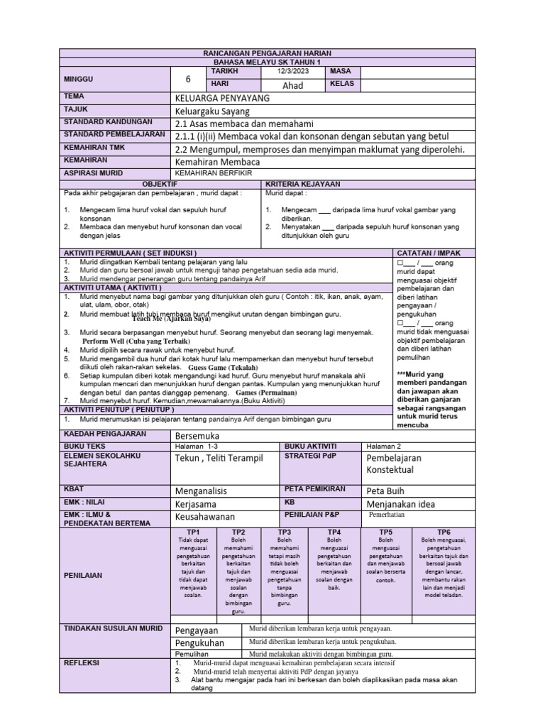 RPH Minggu 6 BM SK THN 1 2024 by Cikgu Gorgeous | PDF
