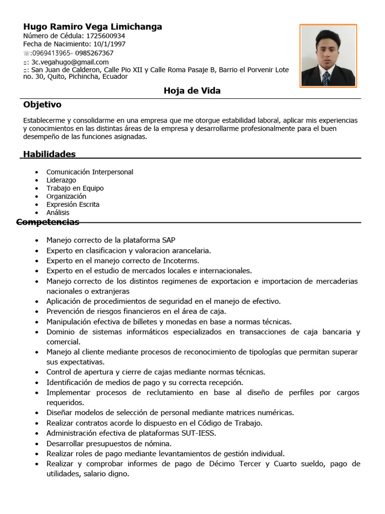 Curriculum Hugo Ramiro Vega Limichanga | PDF | Contabilidad | Auditoría