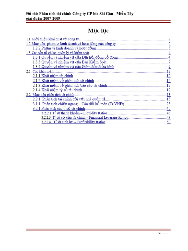 Luận Văn - Phân Tích Tài Chính Công Ty CP Bia Sài Gòn - Miền Tây Giai Đoạn 2007-2009 - 898676 | PDF