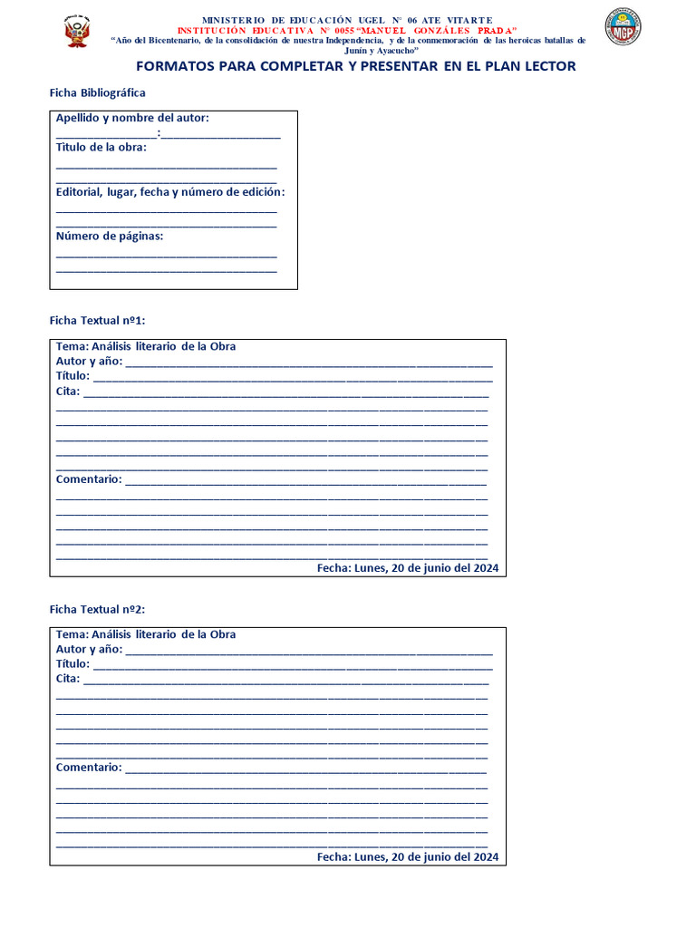FORMATOS PARA COMPLETAR Y PRESENTAR EN EL PLAN LECTOR-1 | PDF
