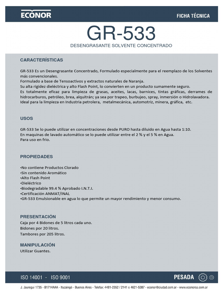Detergente Biodegradable FT GR 533 | PDF