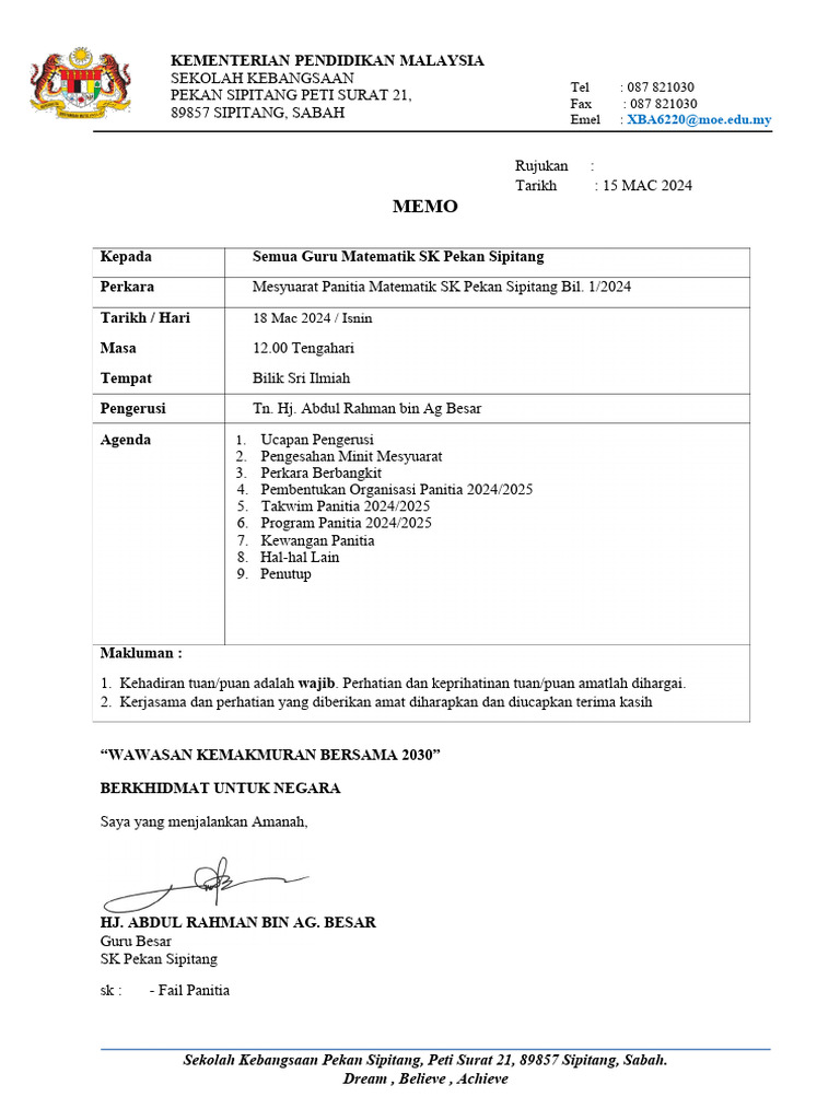 Memo Panggilan Mesyuarat Bil 1 2024 | PDF